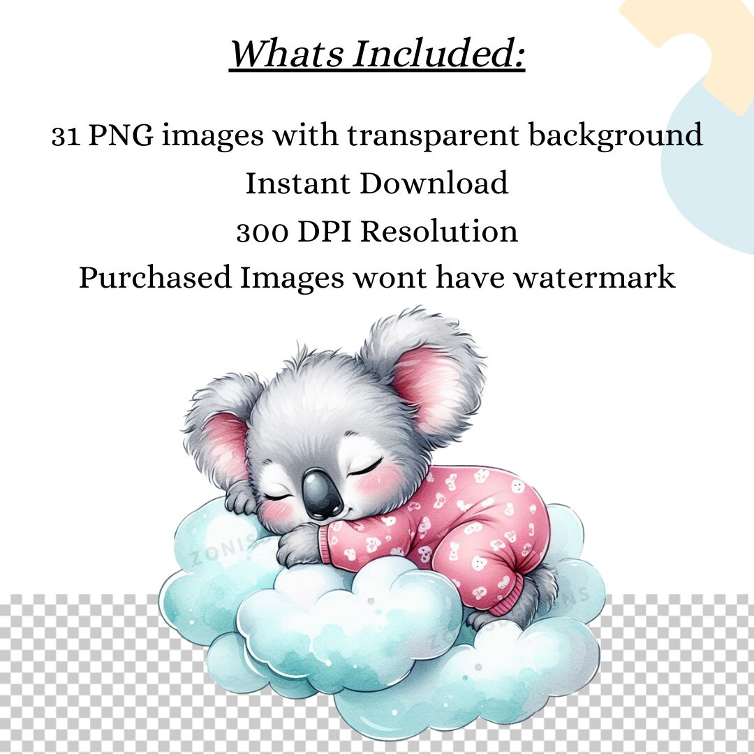 Watercolor Sleepy Koala Clipart, Nursery Wall Art, 31pc Transparent PNG ...