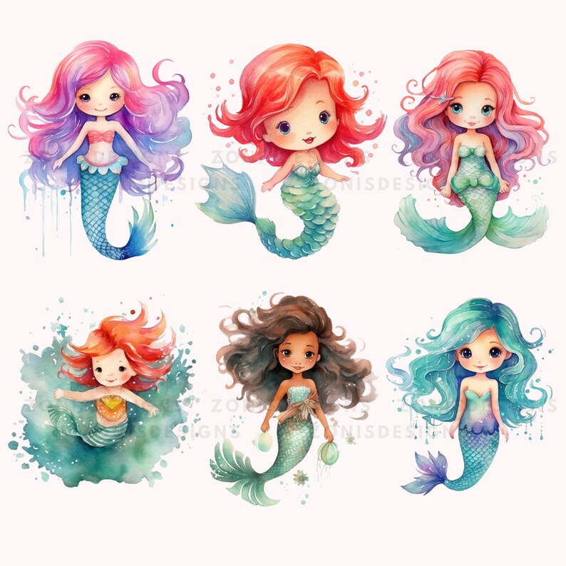 Watercolor Mermaid Clipart Bundle, Watercolor Cute Mermaid Clipart PNG ...
