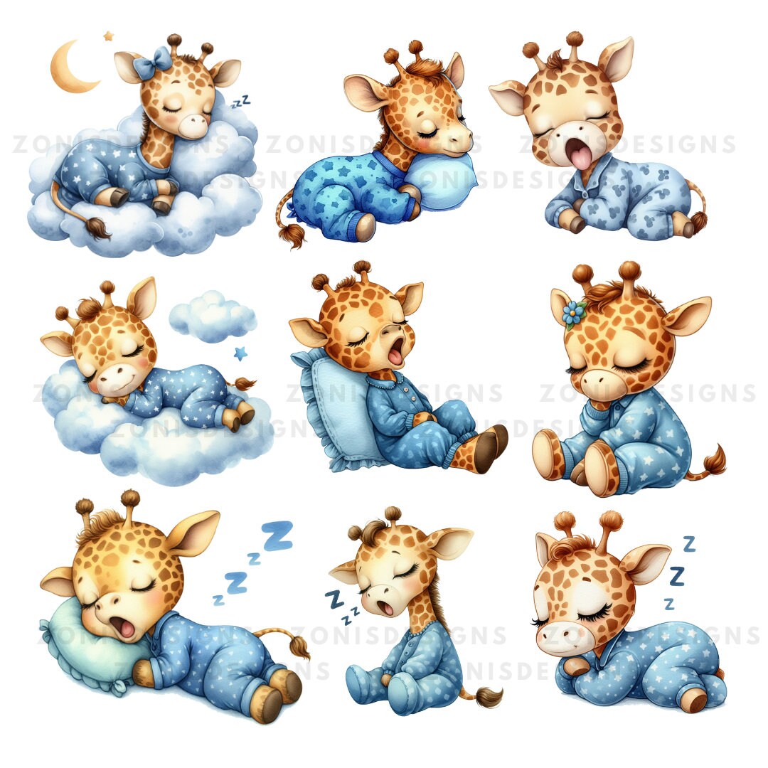 Watercolor Sleepy Giraffes, 31 High Quality PNG Files, Nursery Decor ...