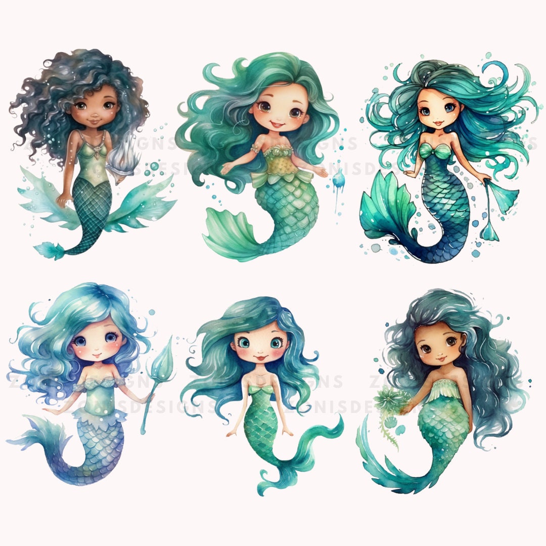 Watercolor Mermaid Clipart Bundle, Watercolor Cute Mermaid Clipart PNG ...