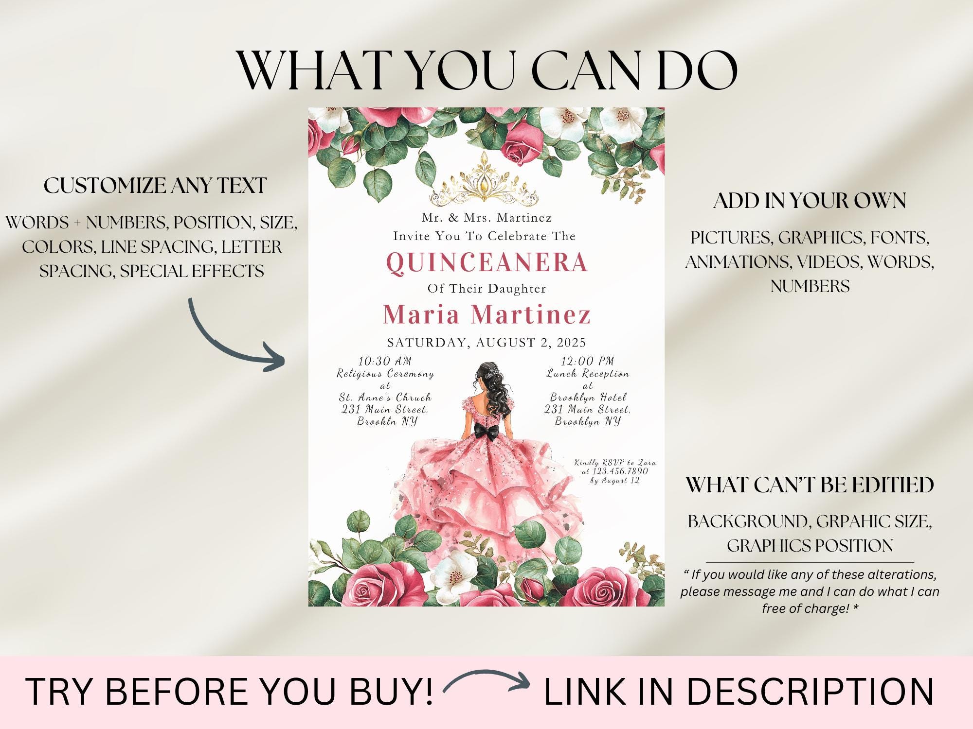 Editable Quinceañera Invitation Template, Quince Invitation, Invitation ...