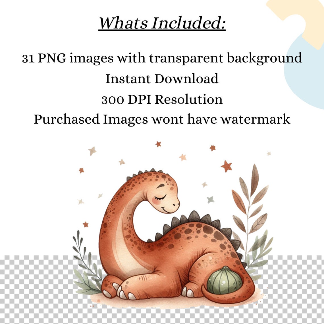 Watercolor Sleeping Dinosaurs, 31 High Quality PNG Files, Cute Animal ...