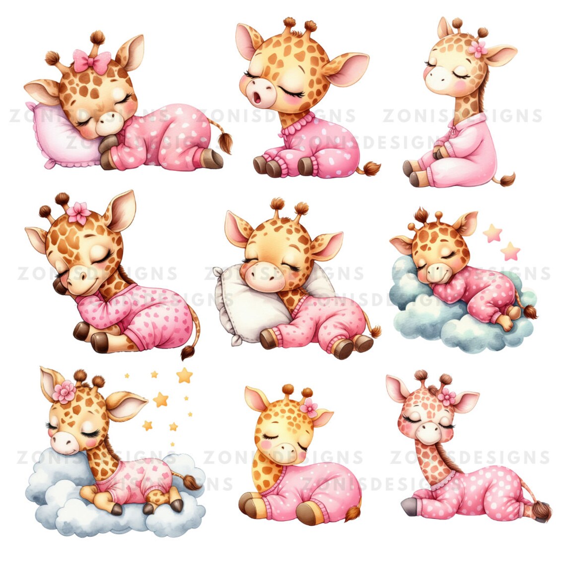 Watercolor Sleepy Giraffes, 31 High Quality PNG Files, Nursery Decor ...
