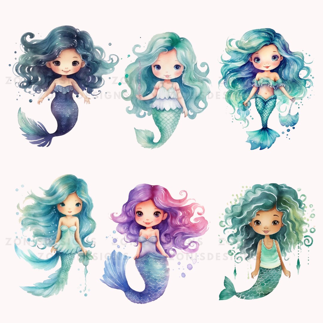 Watercolor Mermaid Clipart Bundle, Watercolor Cute Mermaid Clipart PNG, Cute Sea Characters ...