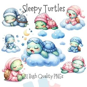 Water Color Sleeping Turtles, High Quality 31pc PNG Files, Sleeping ...
