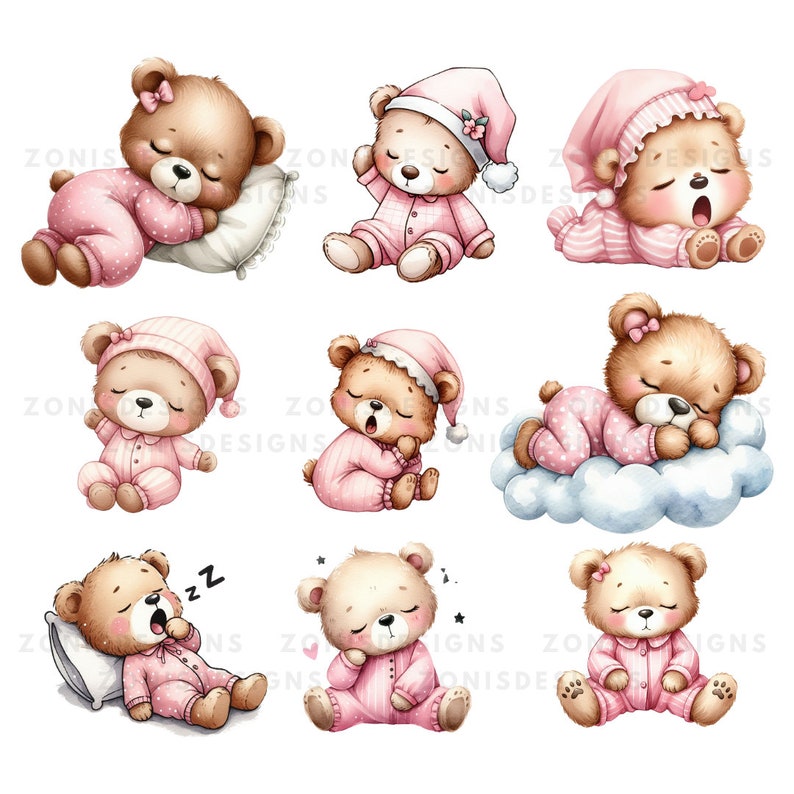 Watercolor Sleepy Bears, 31 High Quality PNG Files, Nursery Decor, Baby ...