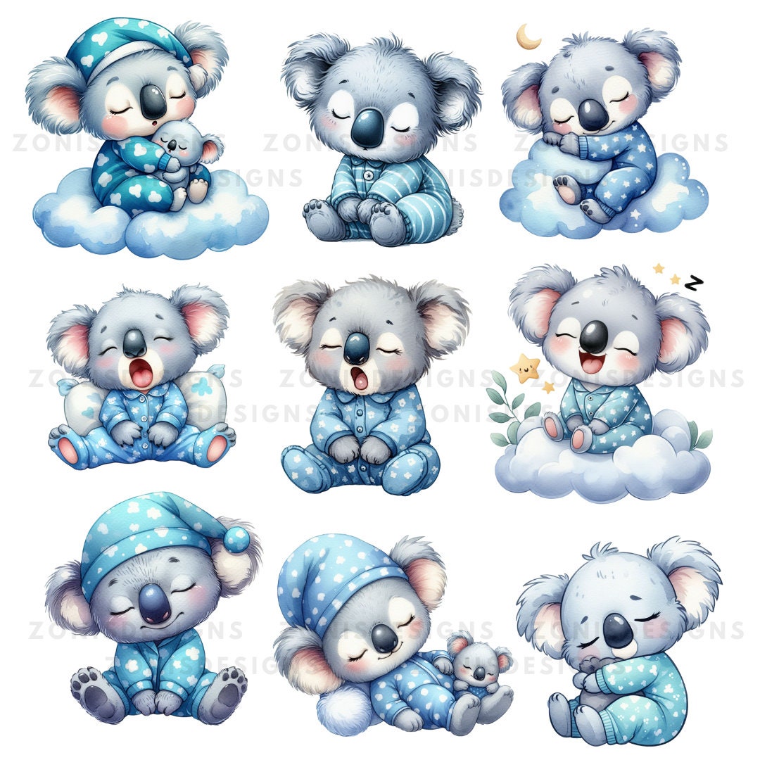 Watercolor Sleepy Koala Clipart, Nursery Wall Art, 31pc Transparent PNG ...
