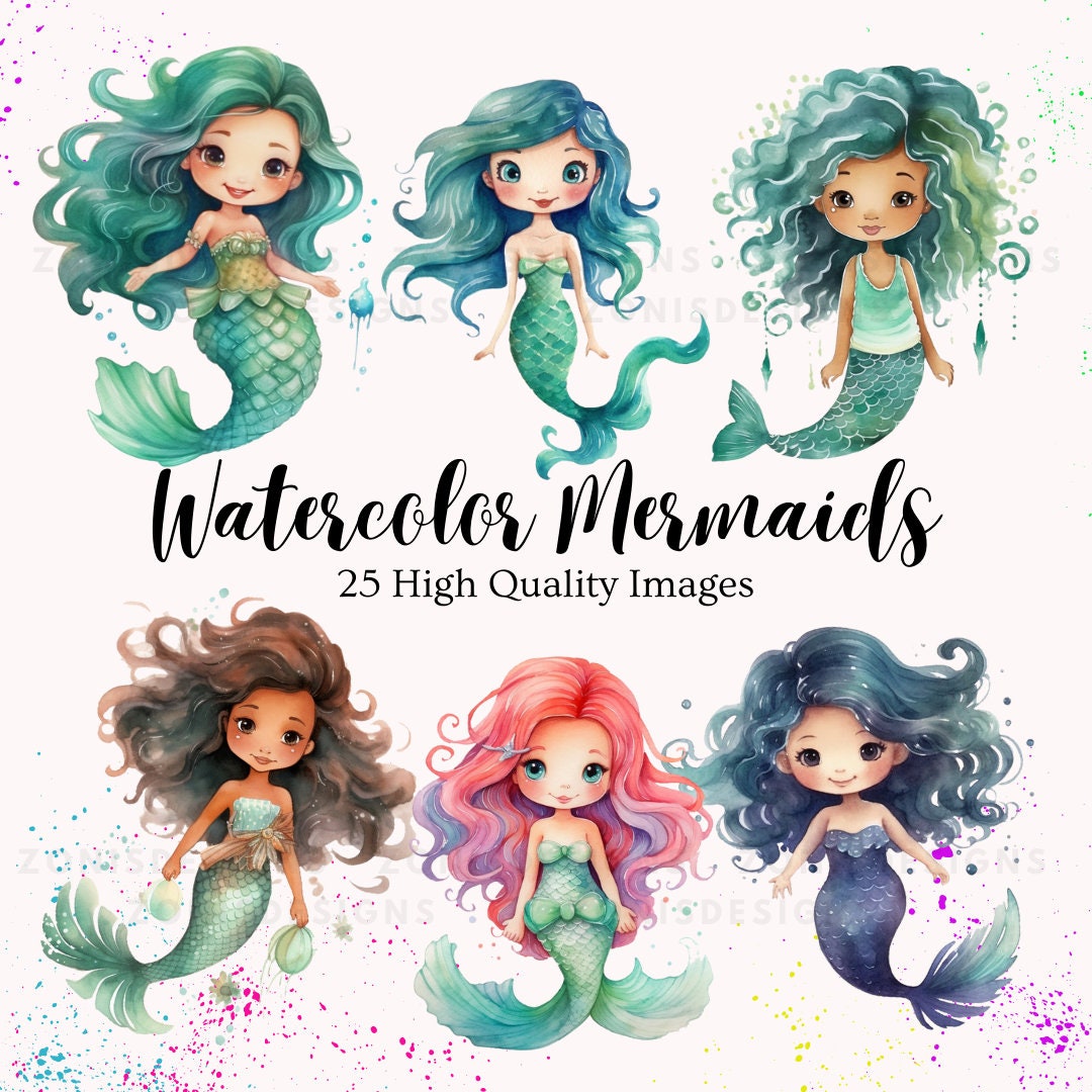 Watercolor Mermaid Clipart Bundle, Watercolor Cute Mermaid Clipart PNG, Cute Sea Characters ...
