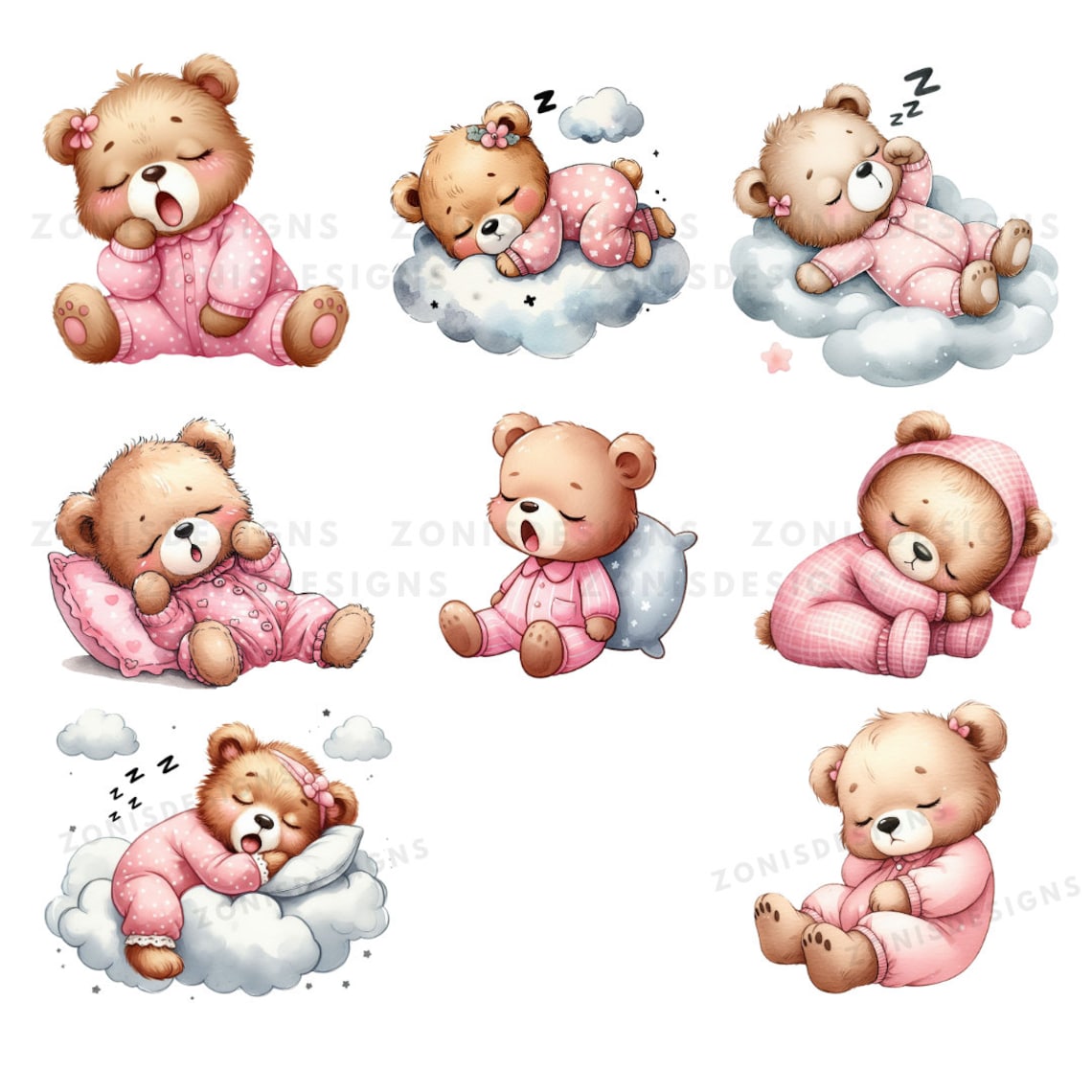 Watercolor Sleepy Bears, 31 High Quality PNG Files, Nursery Decor, Baby ...