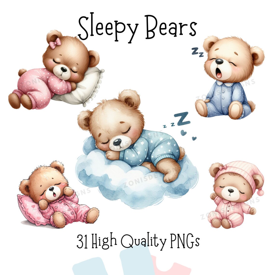 Watercolor Sleepy Bears, 31 High Quality PNG Files, Nursery Decor, Baby ...