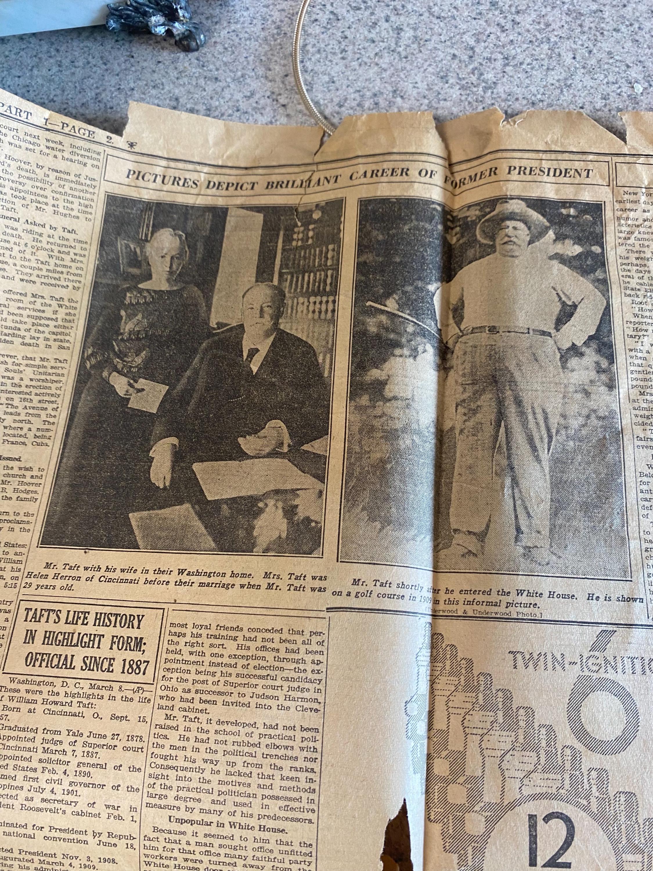 Antique 1930s Victorian Newspaper William H. Taft Dies Mobsters, Old ...