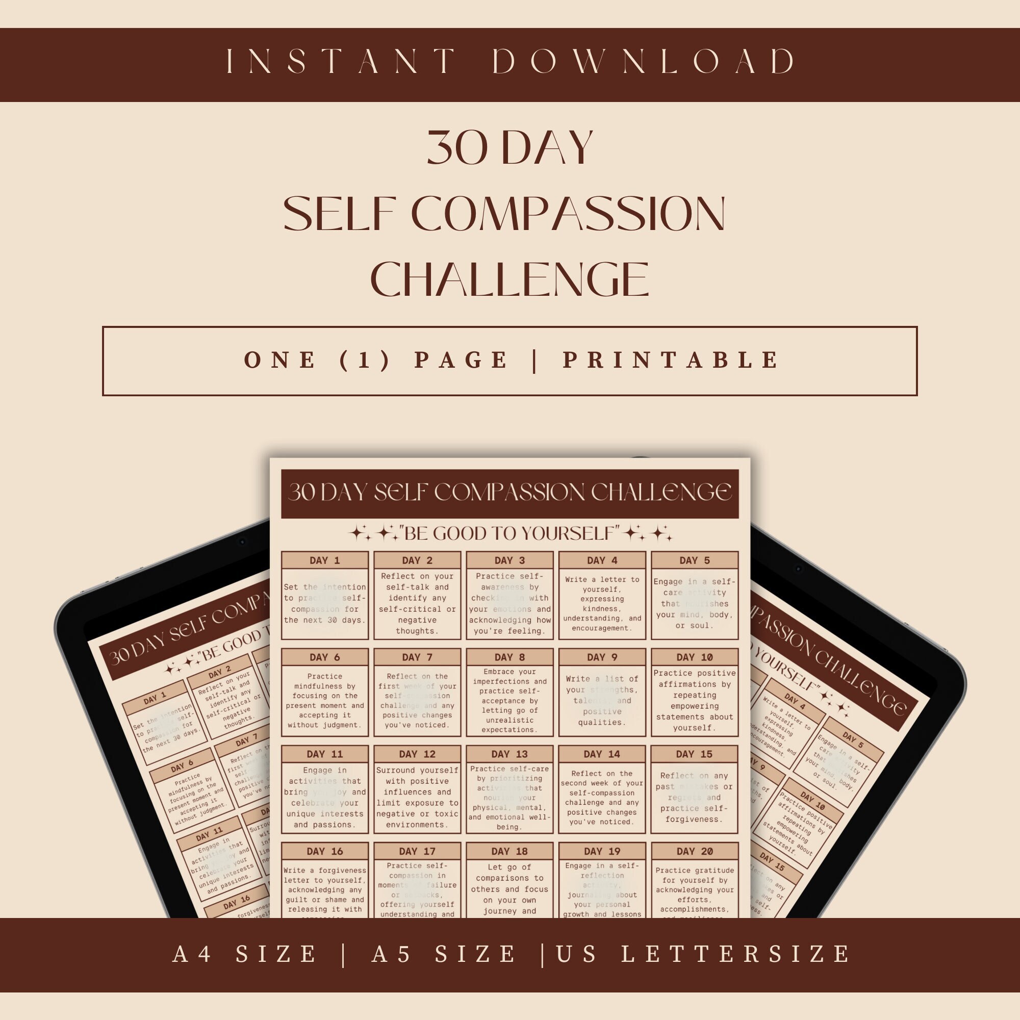 30 Day Self Compassion Challenge Tracker Self Care Worksheets Self Love ...