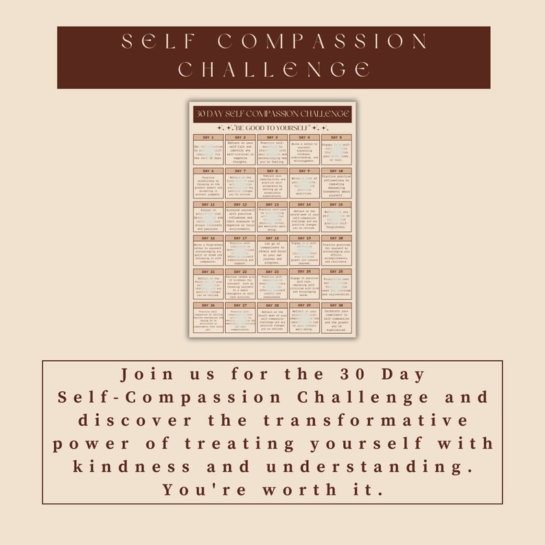 30 Day Self Compassion Challenge Tracker Self Care Worksheets Self Love ...