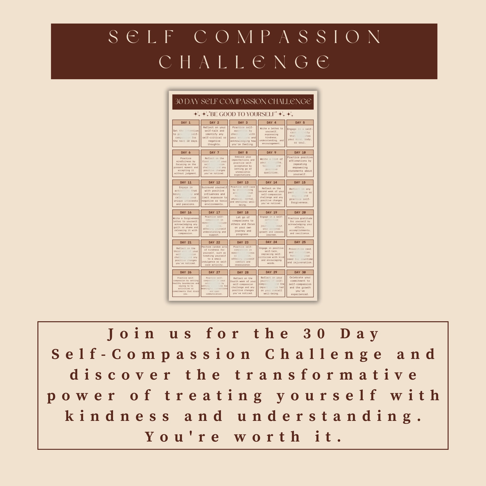 30 Day Self Compassion Challenge Tracker Self Care Worksheets Self Love ...