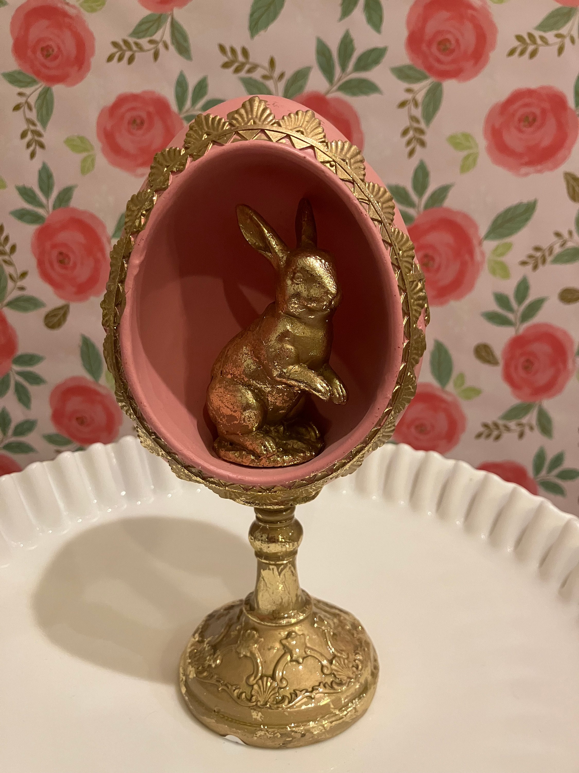 Pink Faberge Style Egg With Gold Rabbit Pedestal & Trim - Etsy