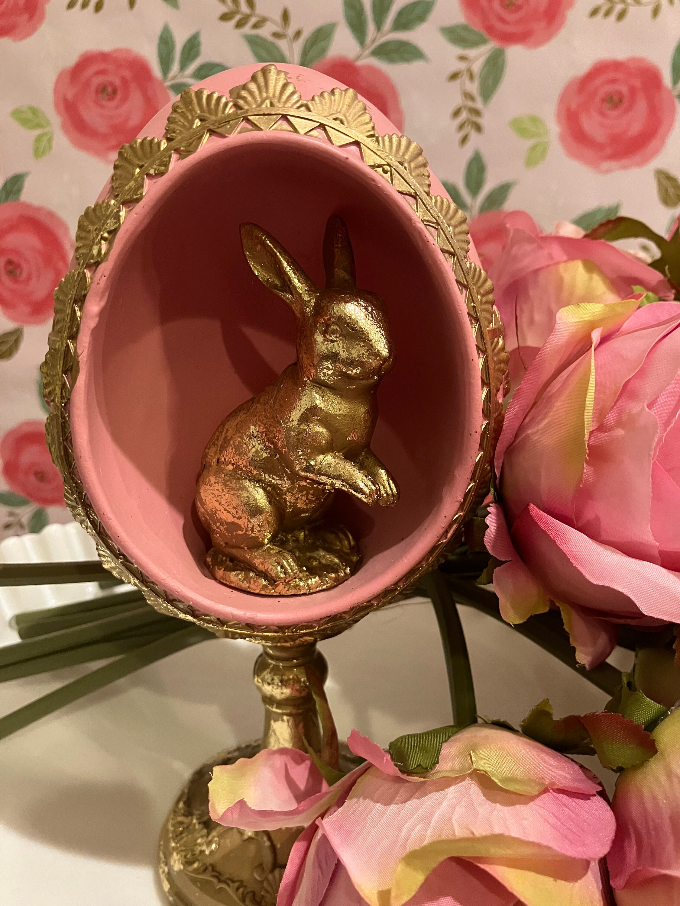 Pink Faberge Style Egg With Gold Rabbit Pedestal & Trim - Etsy