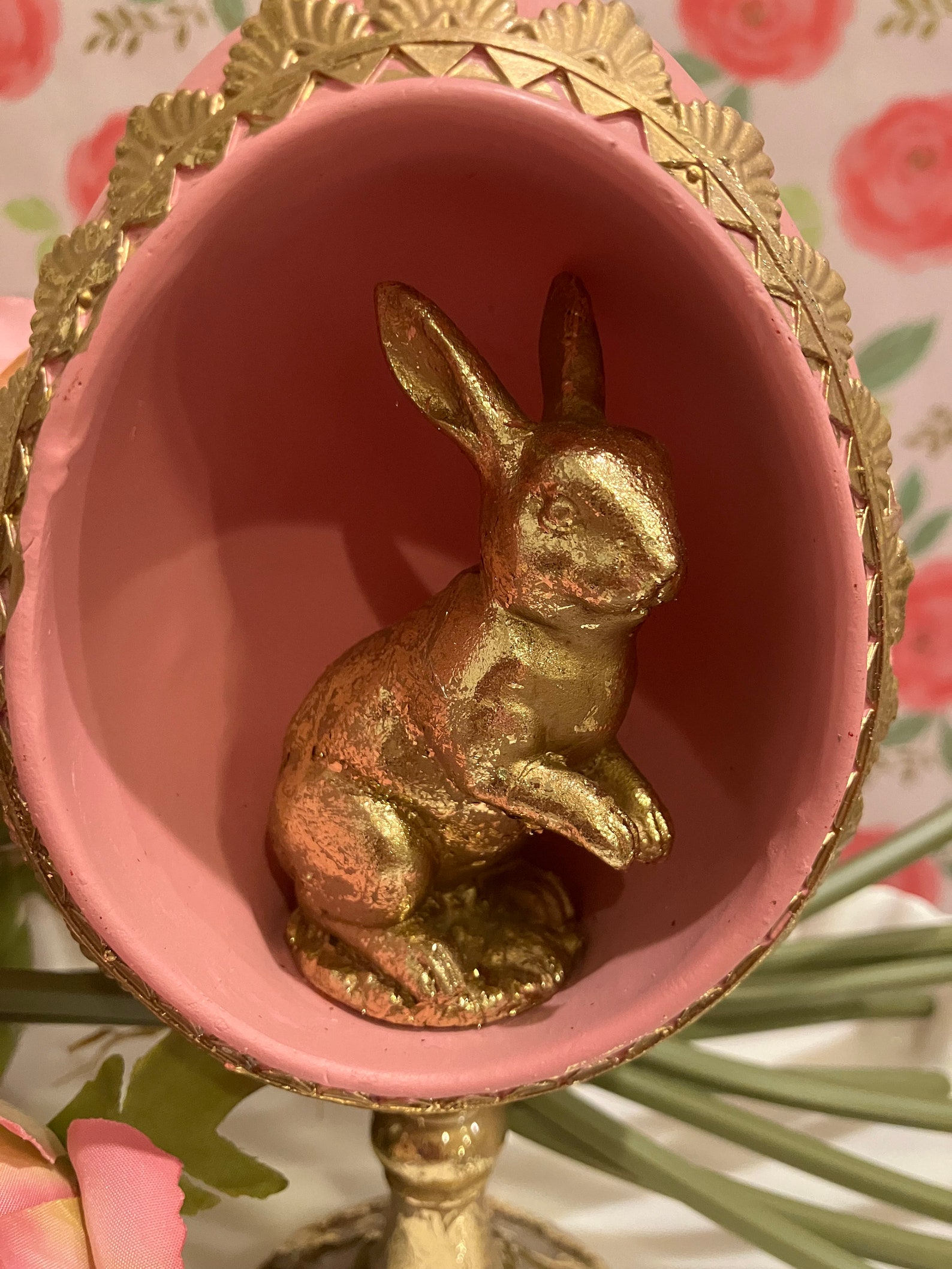 Pink Faberge Style Egg With Gold Rabbit Pedestal & Trim - Etsy