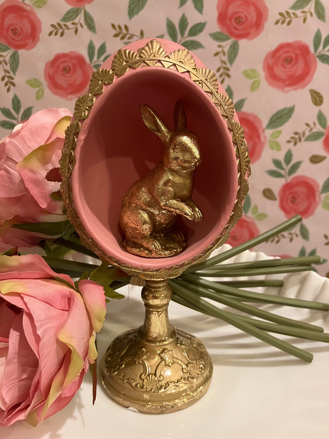 Pink Faberge Style Egg With Gold Rabbit Pedestal & Trim - Etsy