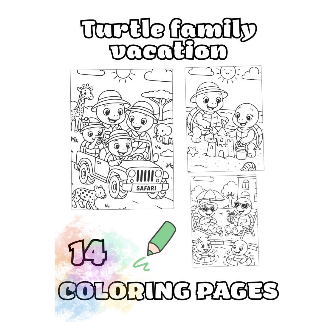Turtle Family Vacation Coloring Pages - Etsy