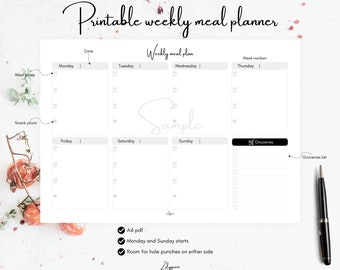 Printable Weekly Meal Planner Landscape, Food Diary, Meal Tracker, Food ...