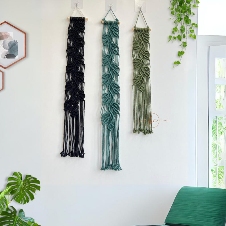 Macrame Long Yarn Leaf Decor, Minimal Macrame Narrow Wall Hanging ...