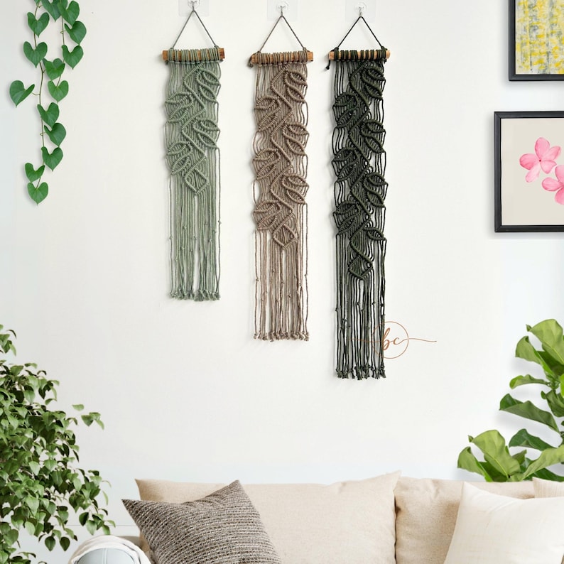 Macrame Long Yarn Leaf Decor, Minimal Macrame Narrow Wall Hanging ...