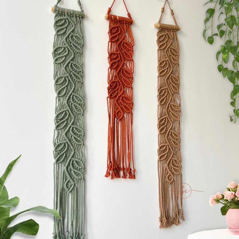 Macrame Long Yarn Leaf Decor, Minimal Macrame Narrow Wall Hanging ...