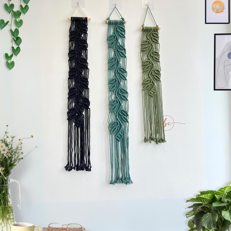 Macrame Long Yarn Leaf Decor, Minimal Macrame Narrow Wall Hanging ...