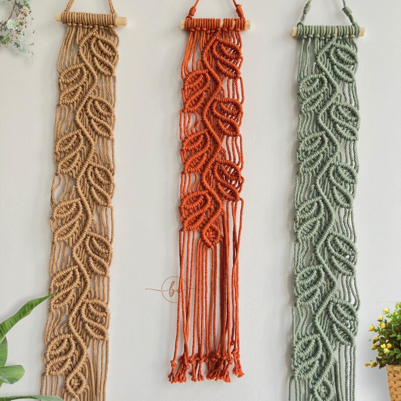 Macrame Long Yarn Leaf Decor, Minimal Macrame Narrow Wall Hanging ...