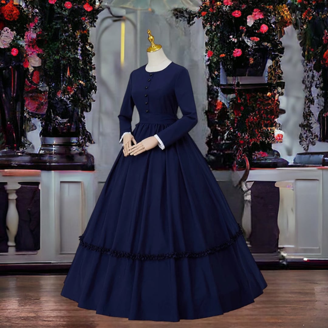 Victorian Era Navy Blue Dress, 1860s Women's Day Dress, Dickens Fair ...