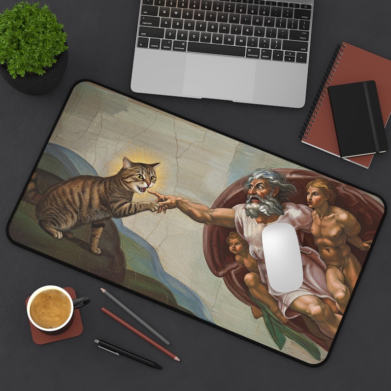 Funny Cat Desk Mat Creation of Adam Parody, Michelangelo Art Large ...