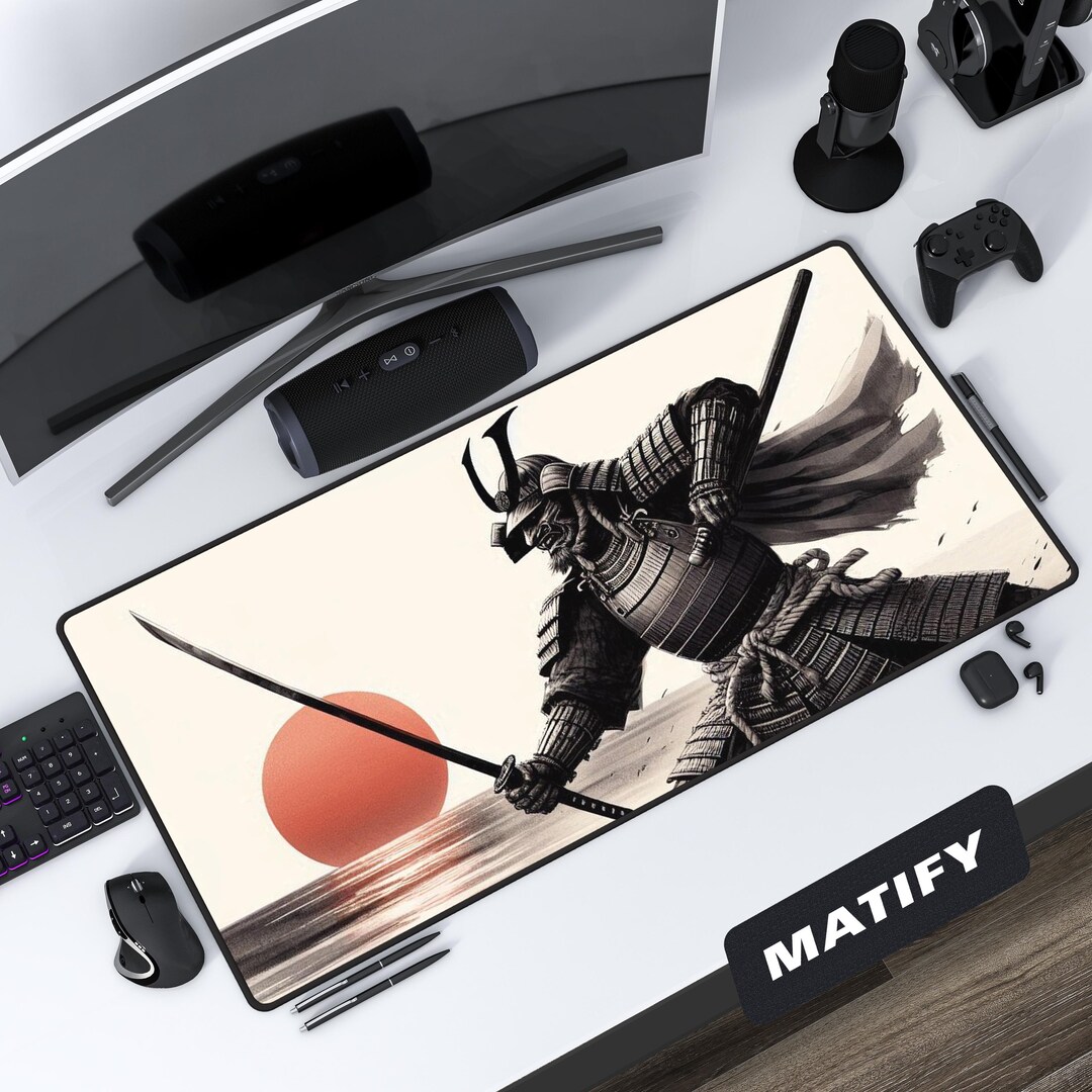 Samurai Desk Mat Japanese Ukiyo-e Ink Wash Art, Large Gaming Mousepad ...