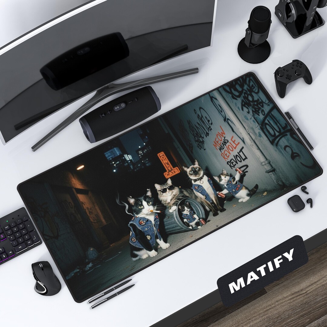 Funny Cat Desk Mat Punk Rock Biker Gang, Large Gaming Mousepad With ...