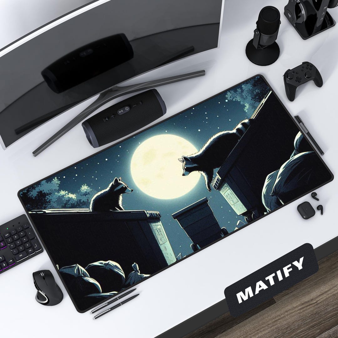 Raccoon Desk Mat Comic Art Style, Large Gaming Mousepad With Trash ...