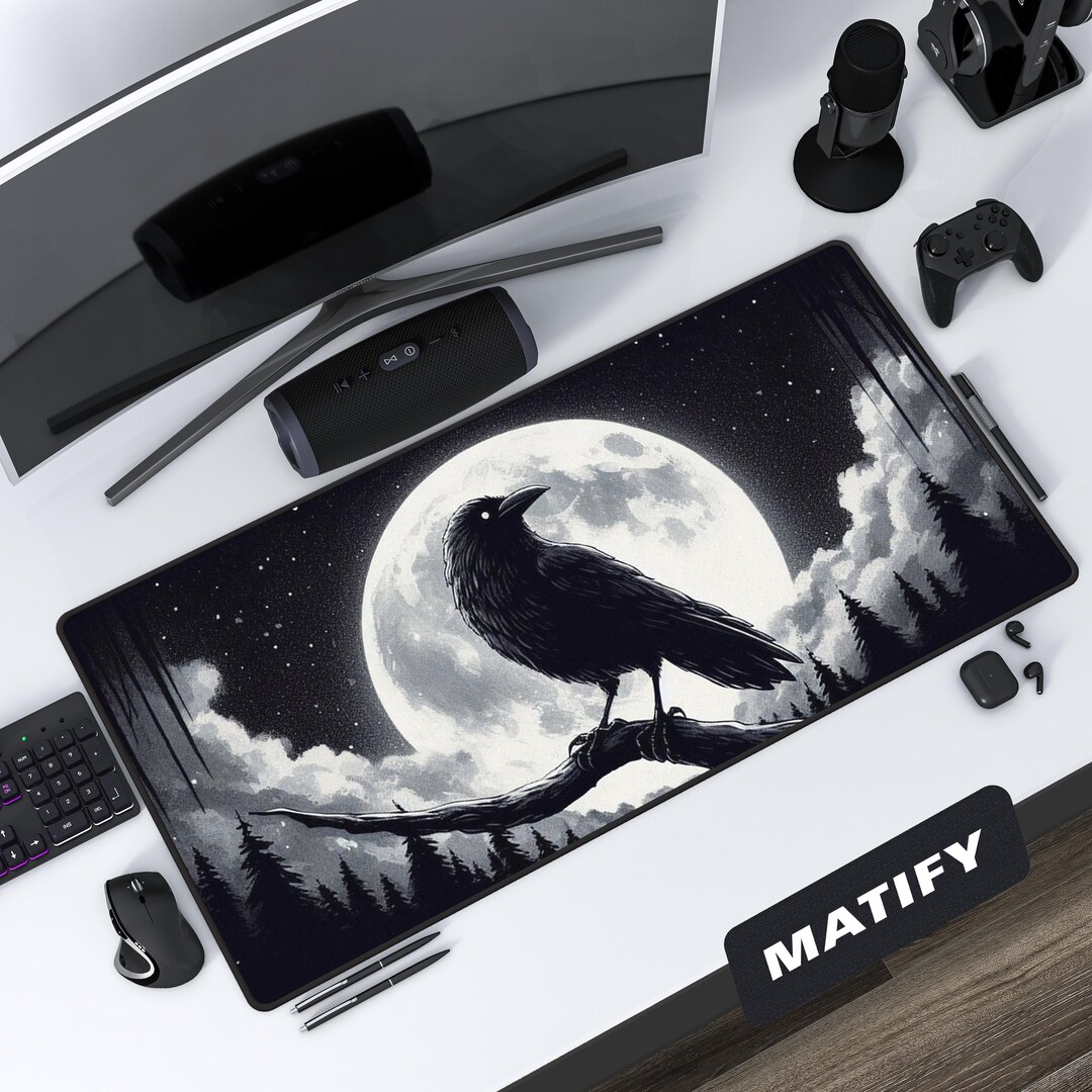 Gothic Raven Desk Mat Linocut Art Style, Large Gaming Mousepad With ...
