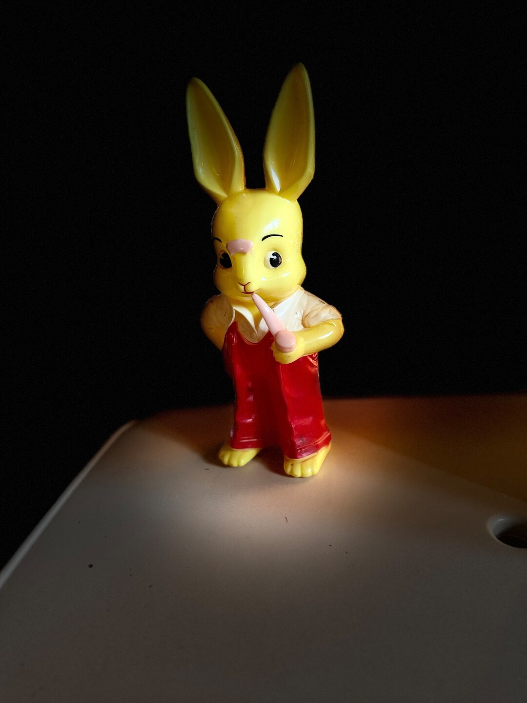 Vintage, Yellow Bunny Money Bank With Pink Pipe and Red Overalls. Made ...