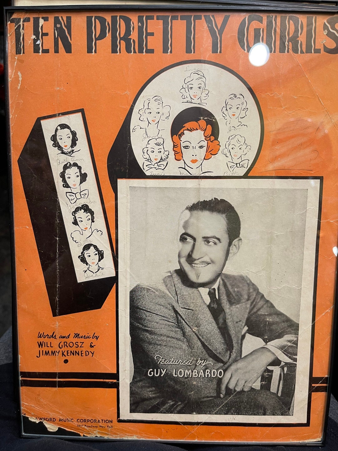 Framed 10 Pretty Girls Sheet Music From 1937 Featured by Guy Lombardo ...