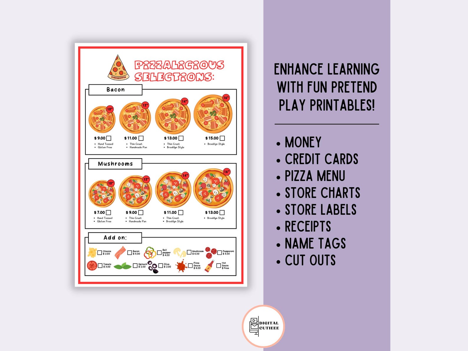 Pizza Pretend Play Printables for Kids Pizza Parlor Dramatic Play ...