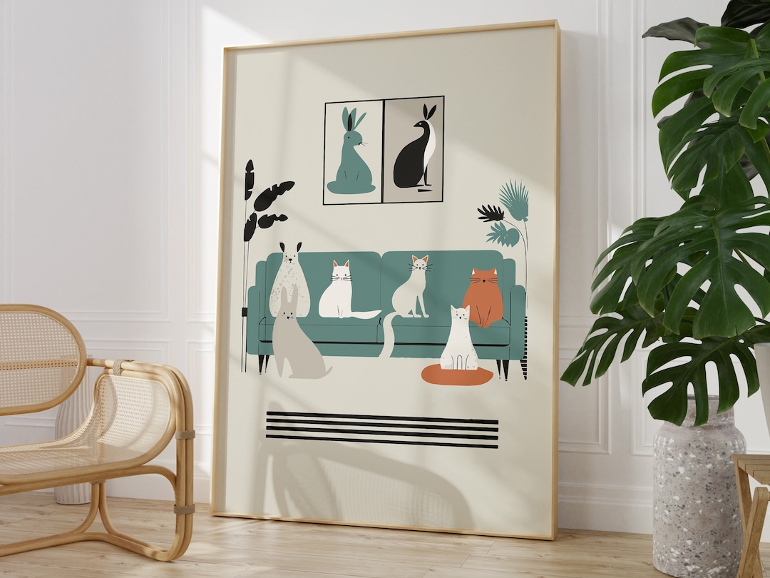 Cats Sitting on a Couch Poster for Cat Lover Wall Art, Funny Cat Print ...
