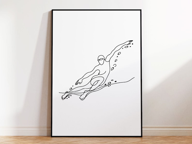 Framed Minimalist Swimmer Line Art Poster for Modern Stylish Home Wall ...
