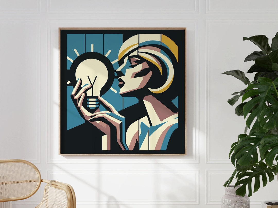Abstract Cubist Print of Woman With Light Bulb for Contemporary Square ...