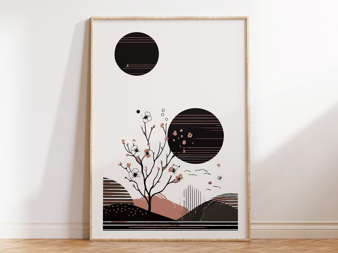 Graphic Cherry Tree Print in Minimalist Style for Modern Japandi Home ...