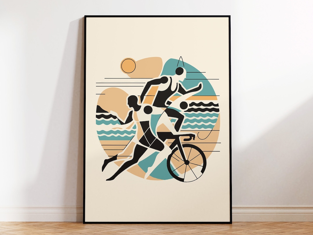 Framed Triathlon Wall Art in Pastel Yellow and Blue for Triathlete Gift ...