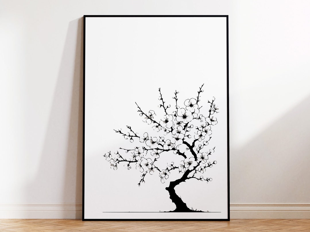 Minimalist Blossomed Cherry Tree Print for Japandi Home Wall Art, Black ...