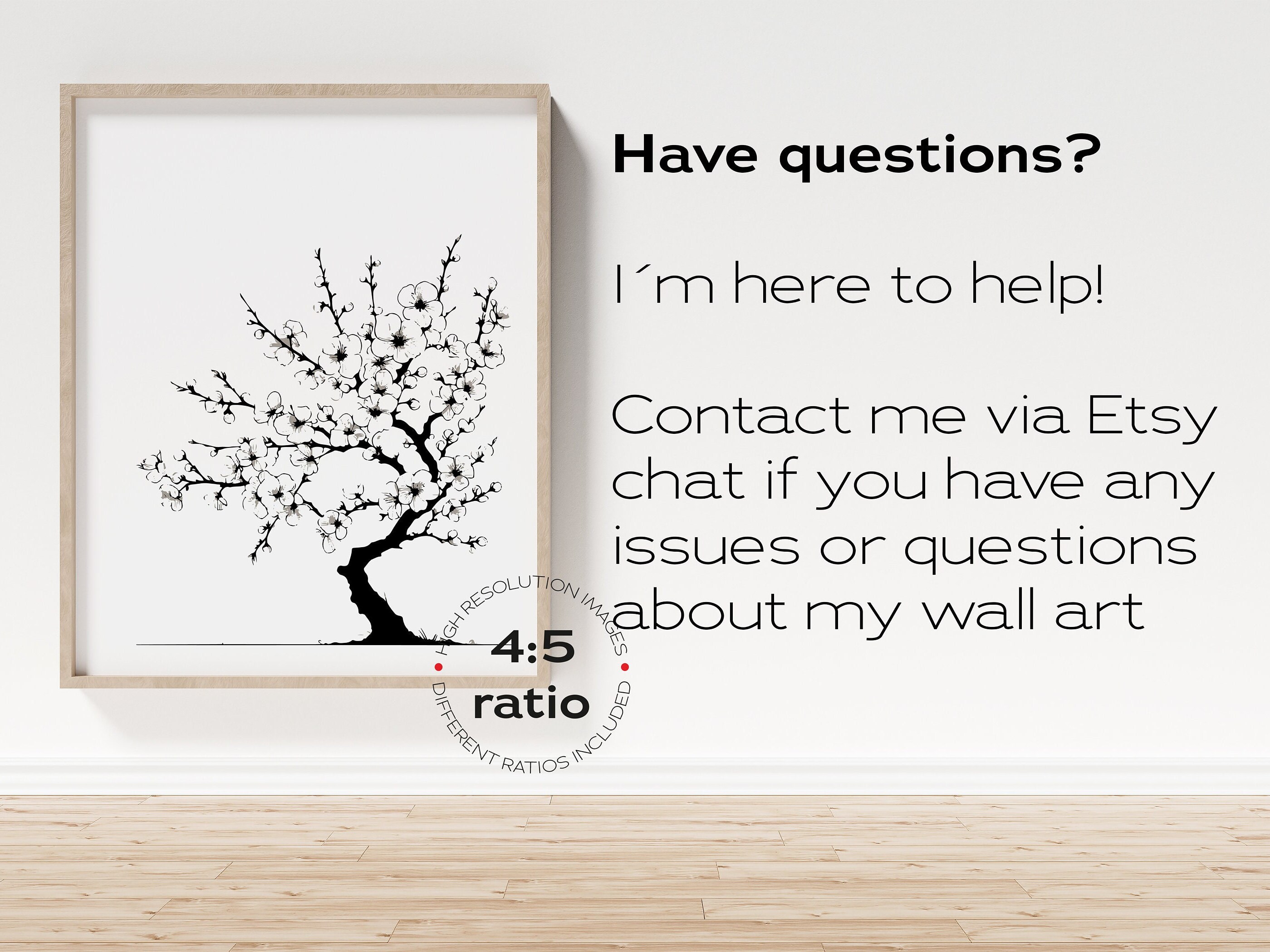 Minimalist Blossomed Cherry Tree Print for Japandi Home Wall Art, Black ...