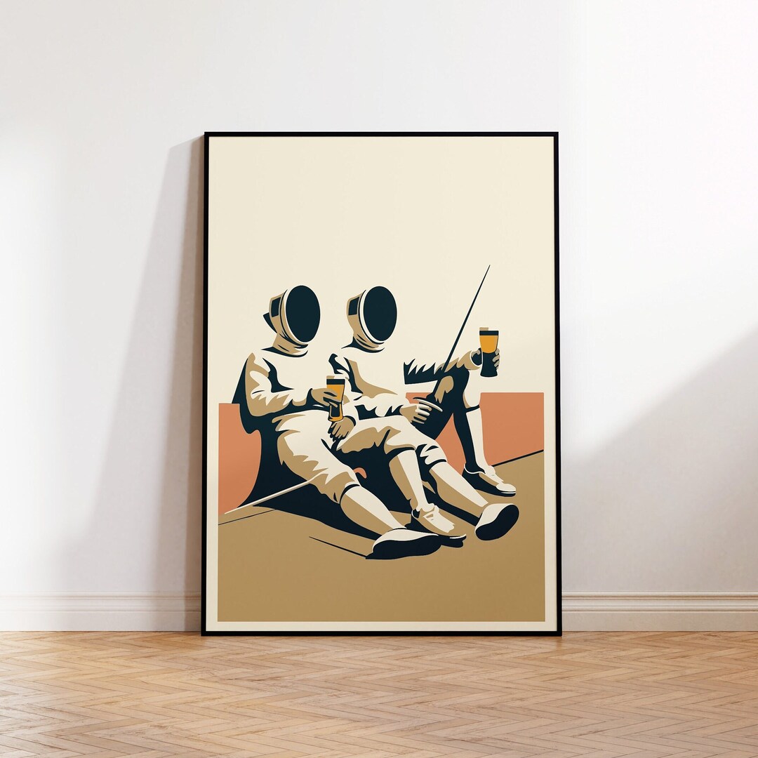 Fencing Wall Art Print - Fencers in Epee Masks Drinking Beer Together ...