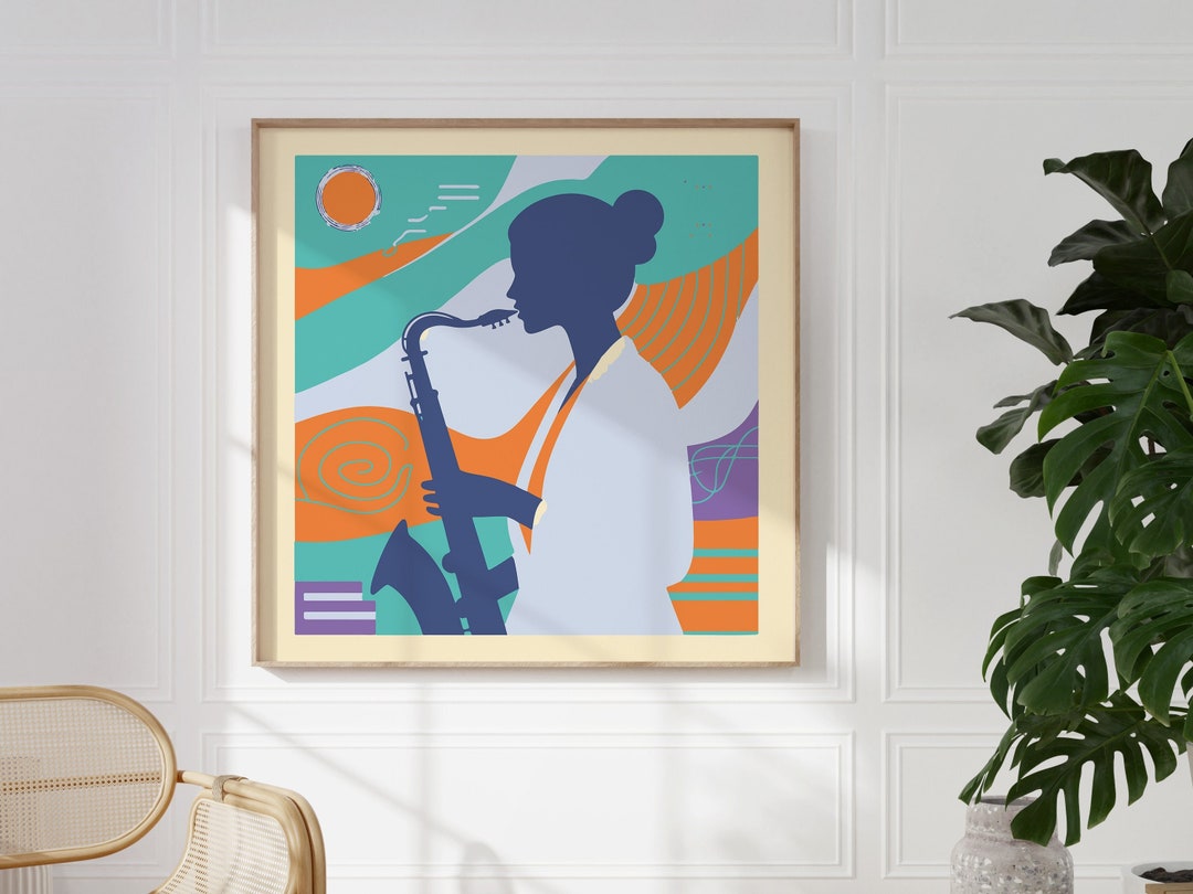 Funky Woman Saxophone Player Pop Art Print, Colorful Saxophonist Square ...
