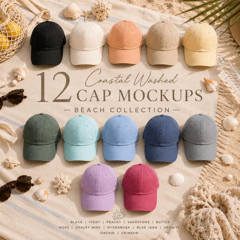 Comfort Colors Coastal Washed Cap Mockup Bundle – 12 Colors | Beach ...