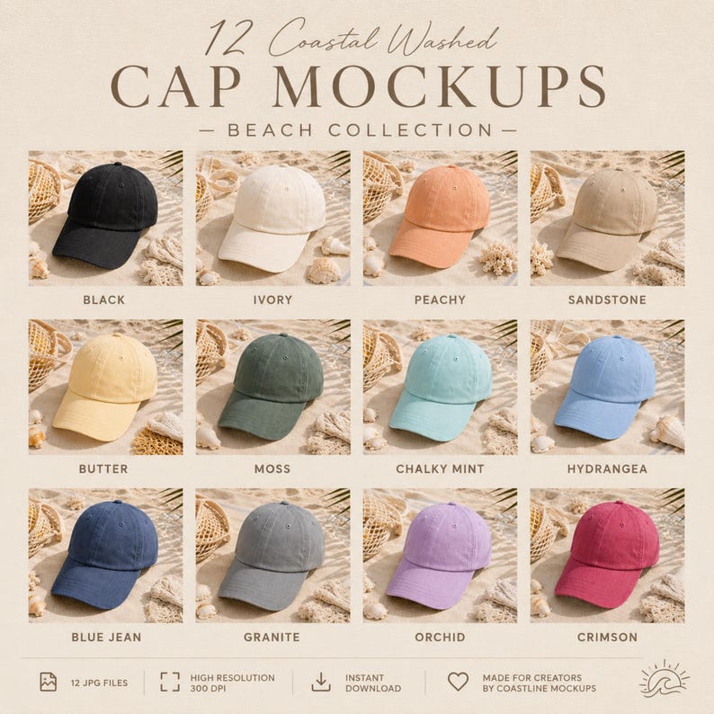 Comfort Colors Coastal Washed Cap Mockup Bundle – 12 Colors | Beach ...