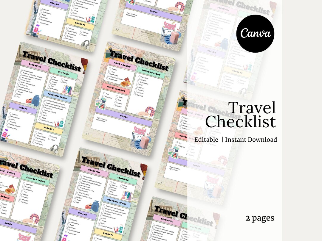 Editable Travel Organizer Checklist Vacation Holiday Travel Planner ...